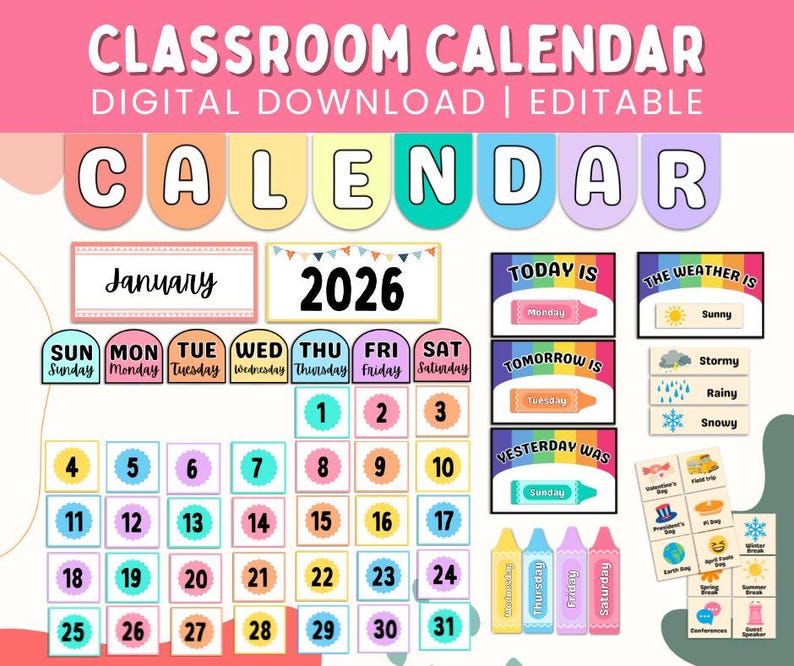 Classroom Calendar Display and Weather Station Printable Bright Pastel ...