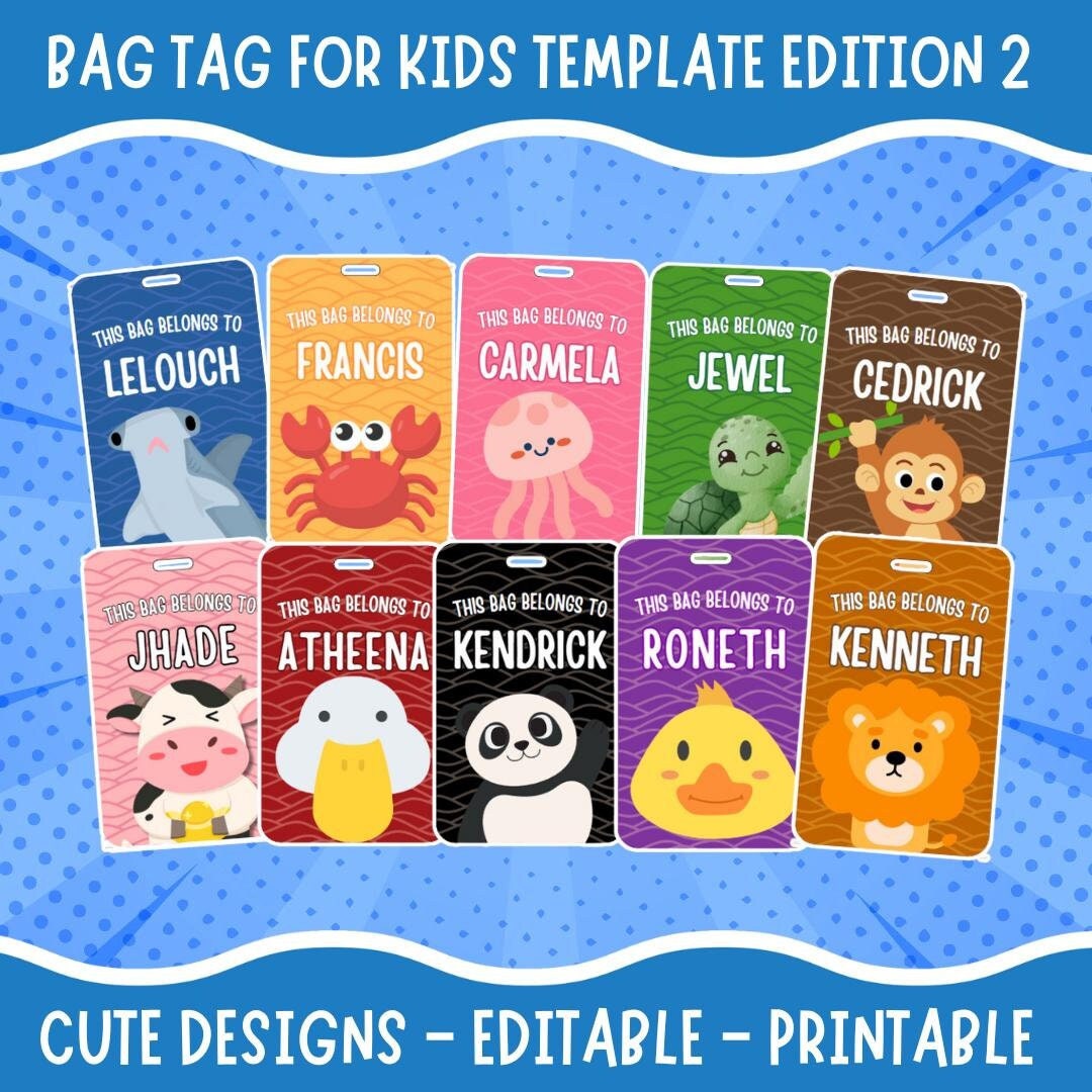 Bag Tag for Kids Template Animal Edition - Etsy