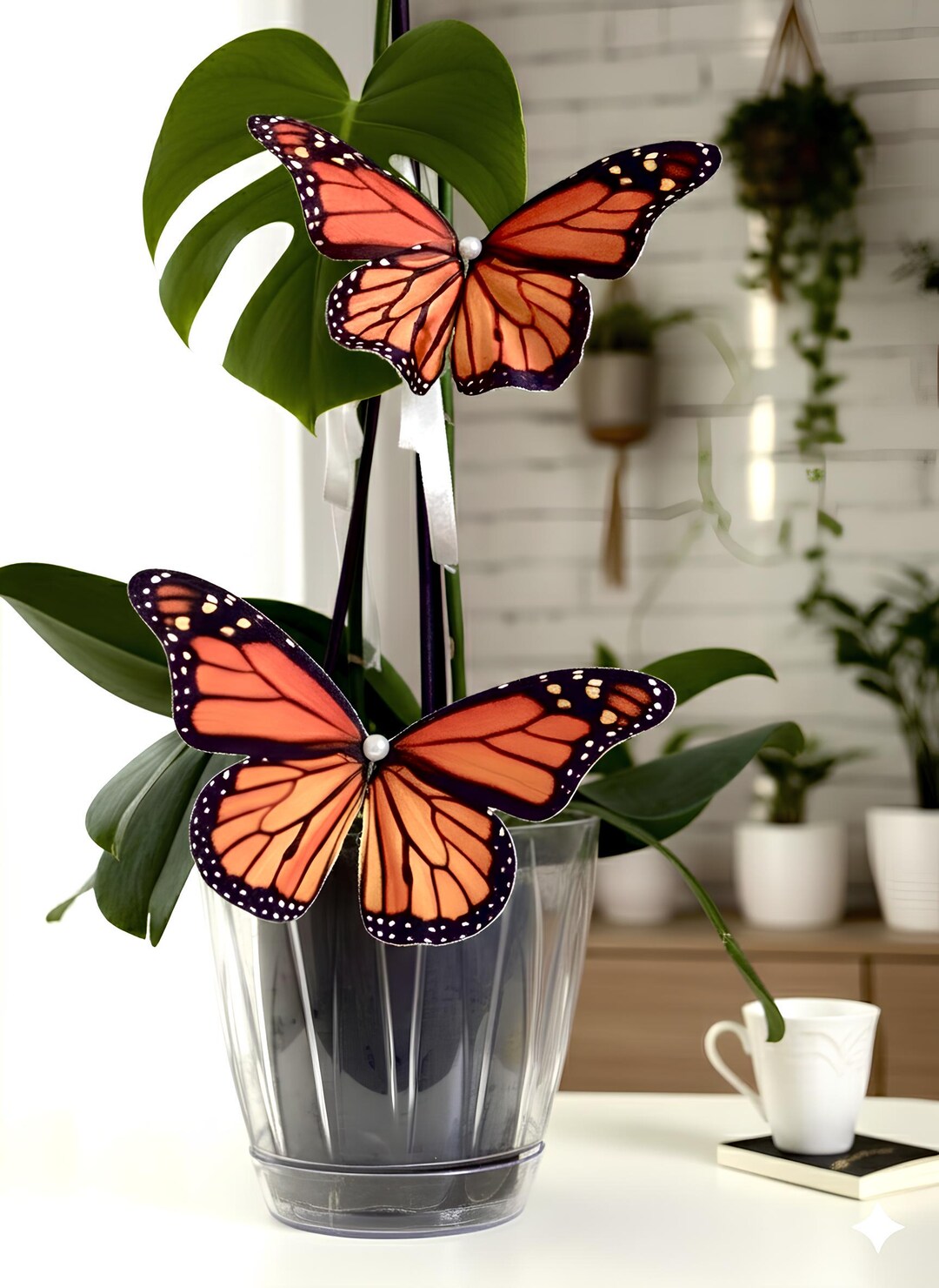 3D Satin Monarch Butterfly Plant Decor, Realistic Flower Pot Decoration ...