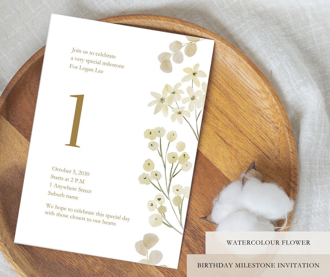 First Birthday Milestone Invitation Elegant Floral Editable Canva ...