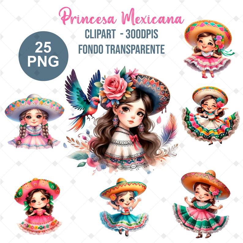 25 Mexican Princesses, Digital Art, Clip Arts Illustration, Watercolor ...