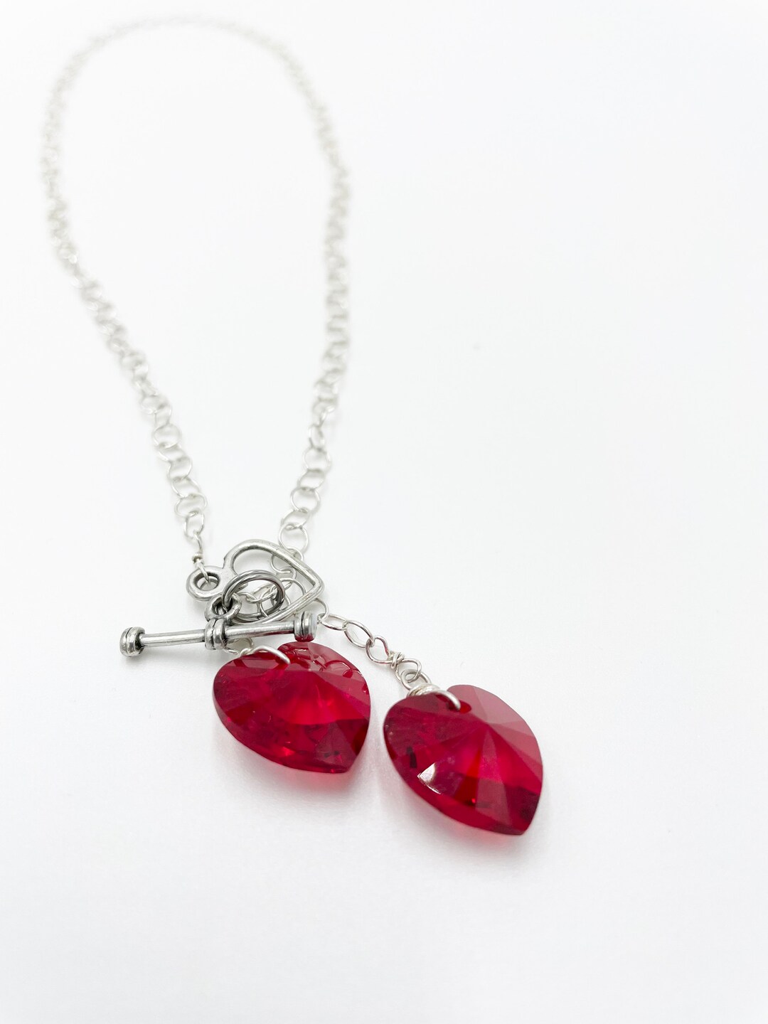 Red Crystal Heart Necklace, Lariat Necklace Silver or Gold, Wedding ...