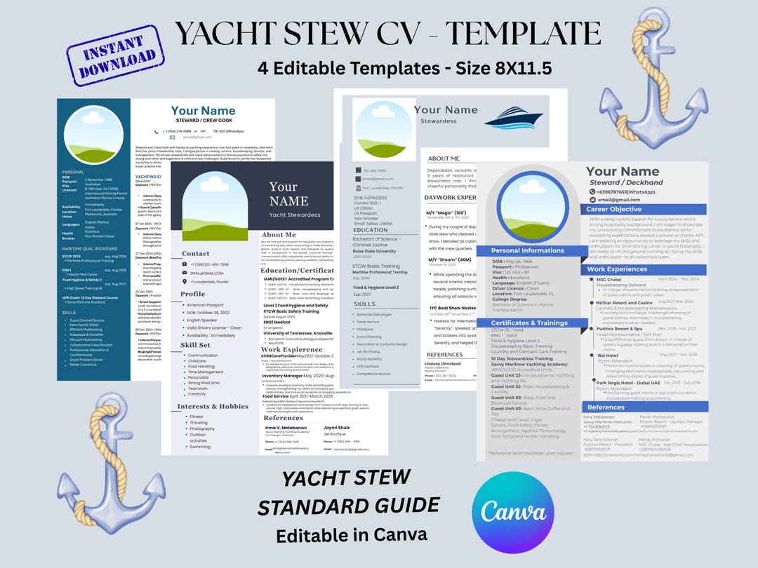 CV Template - Yacht Crew- Stewardess/deck/engineer/captain - Etsy