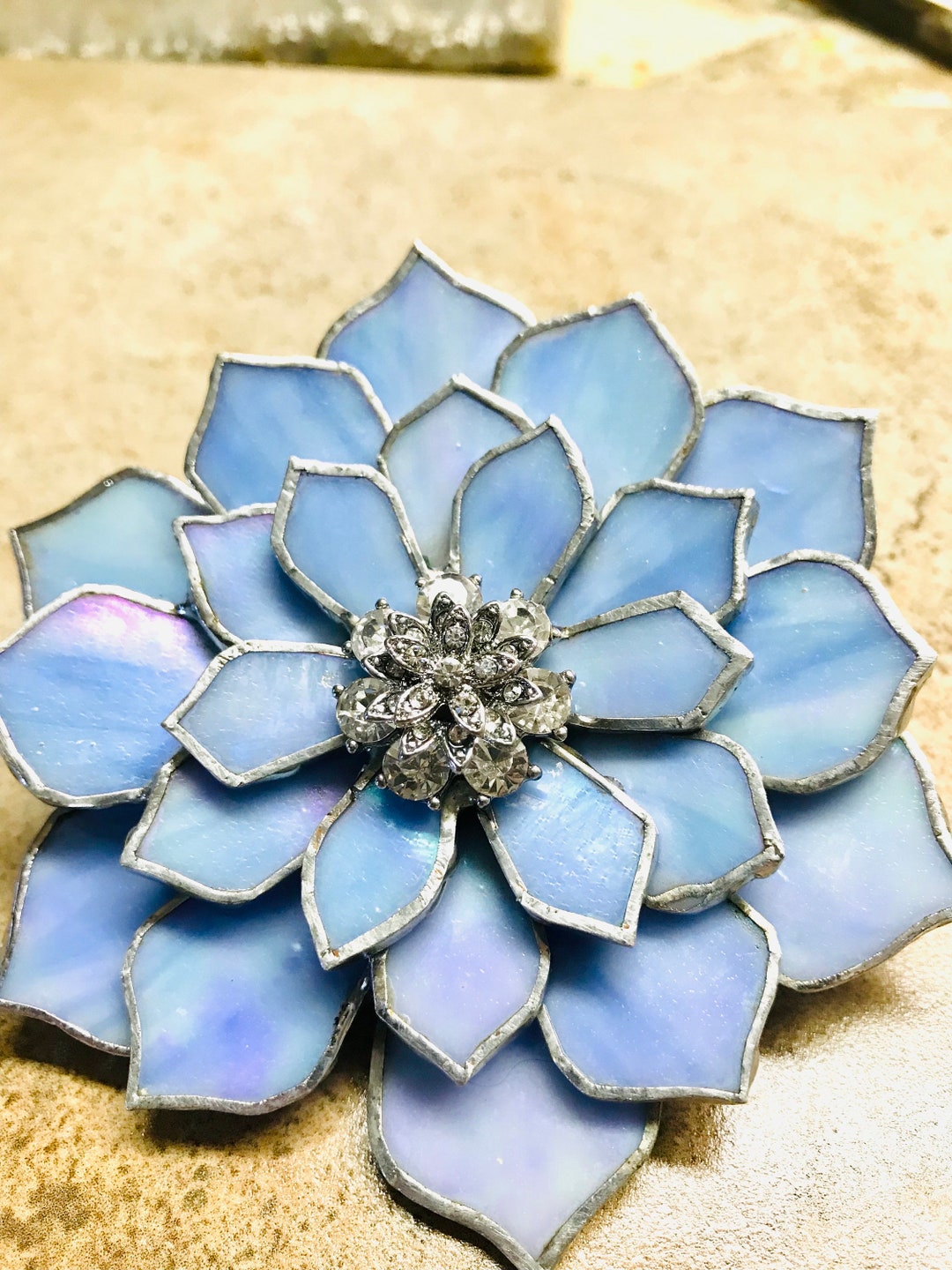 Stained Glass Succulent Flower Rhinestone Center Goegeous Irridescent ...