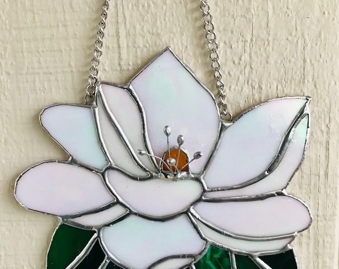 Magnolia Stained Glass Flower Window Panel Glass Window Hanging Stained ...