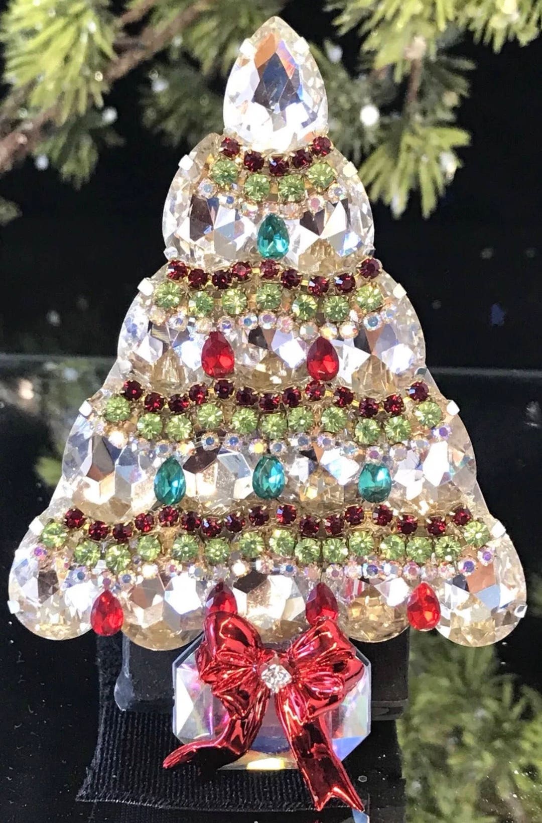 Red, Green & Clear Glass Vintage Rhinestone Christmas Tree Pin Signed ...