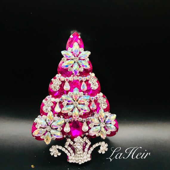 Fuschia Pink Vintage Rhinestone Christmas Tree Brooch Pin - Etsy