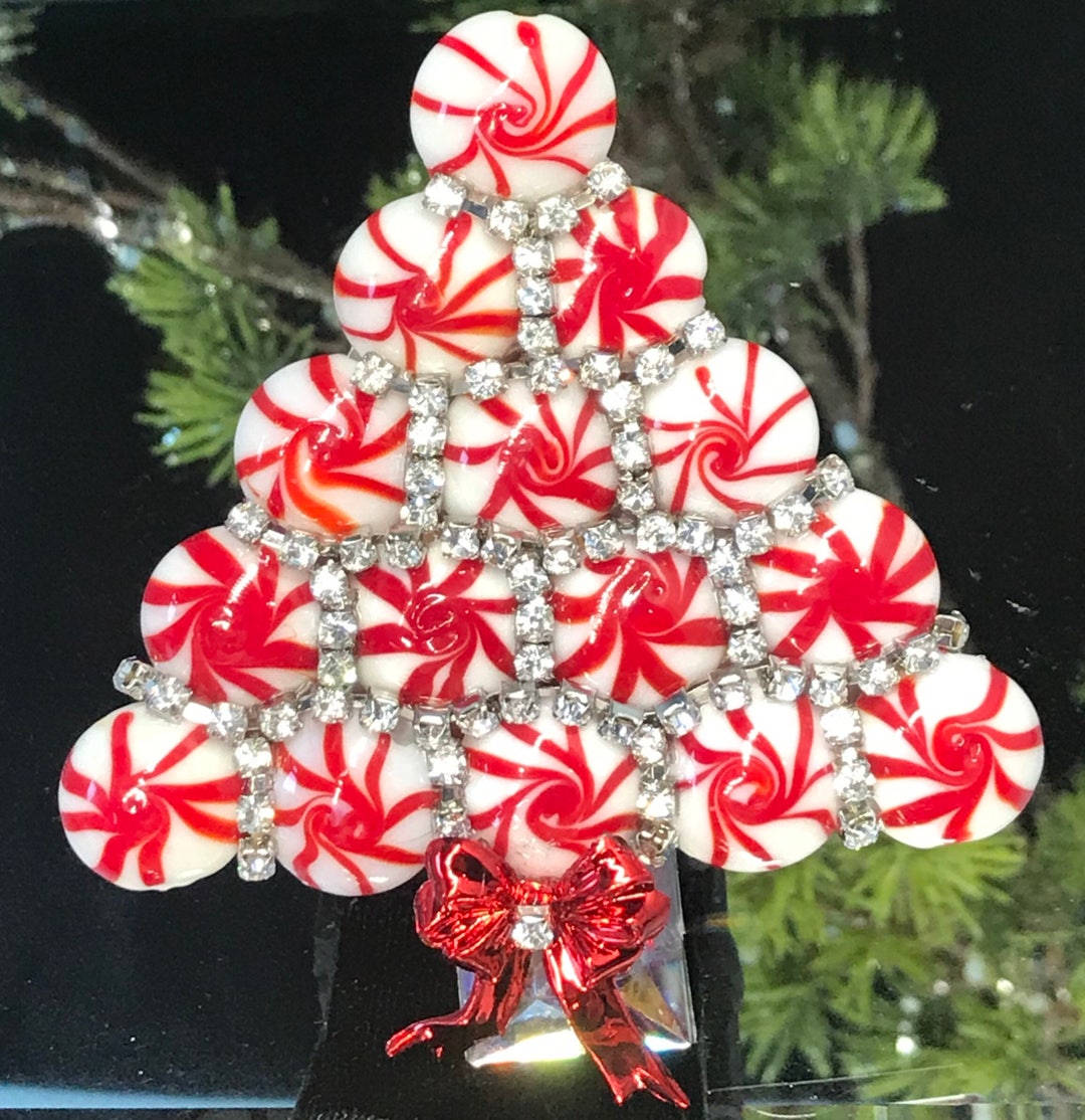 Glass Peppermint Candy & Vintage Rhinestones Christmas Tree Pin Laheir ...