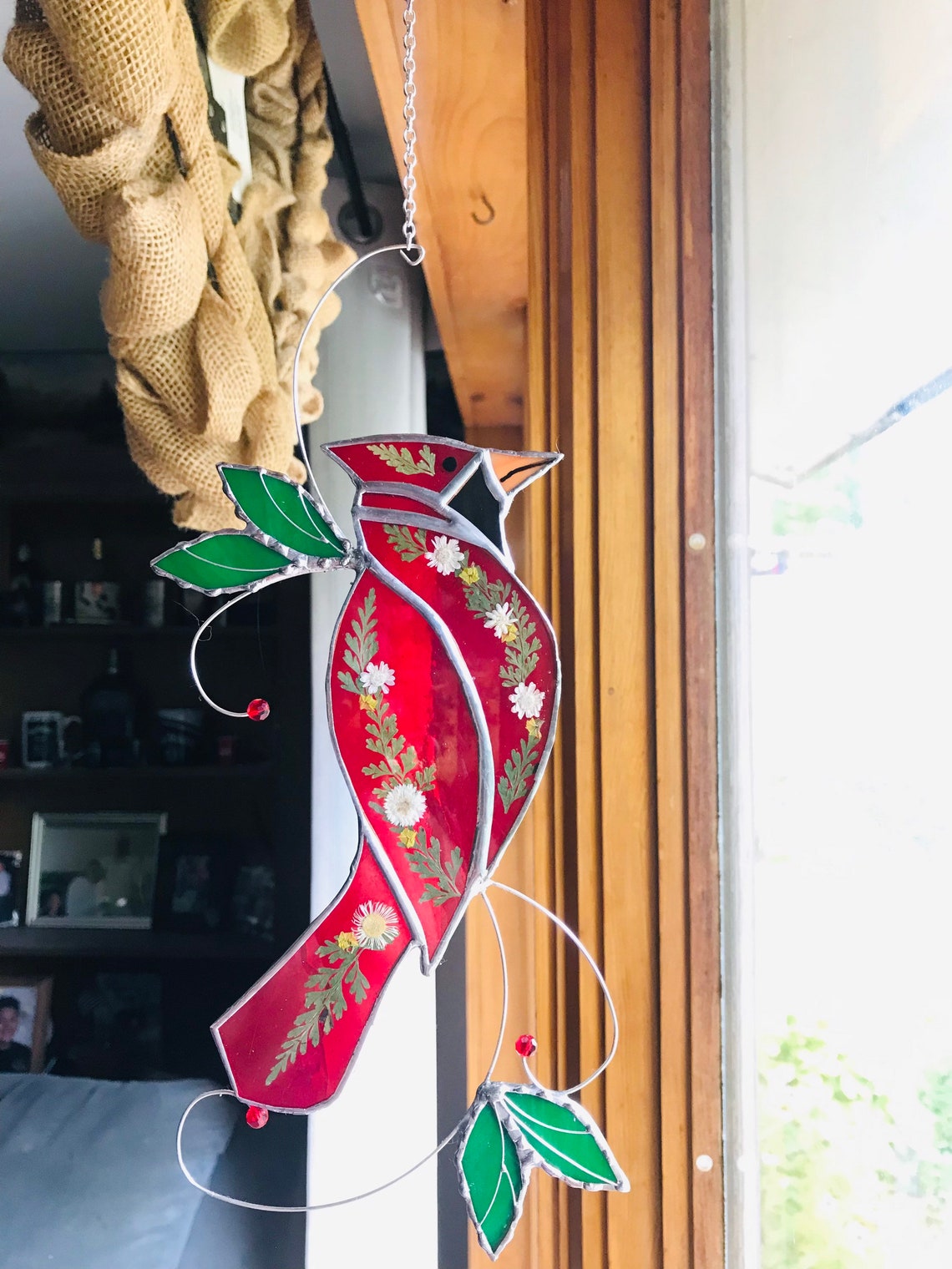 Red Cardinal Stained Glass Suncatcher Sun Catcher With Dried - Etsy