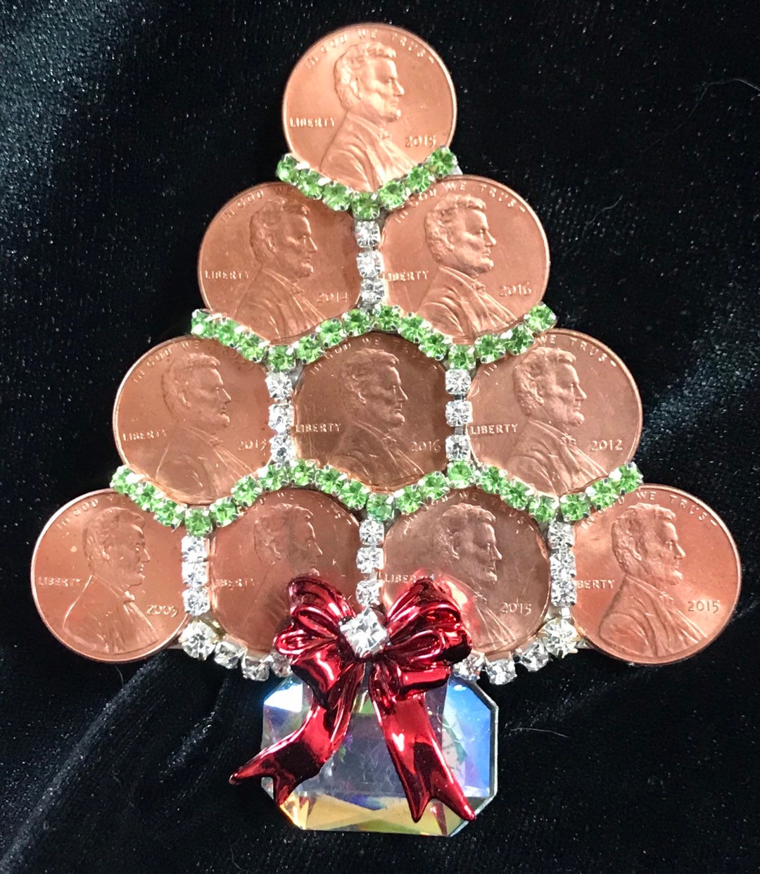 Genuine Pennies Real Money Tree : Vintage Rhinestone Christmas Tree Pin ...