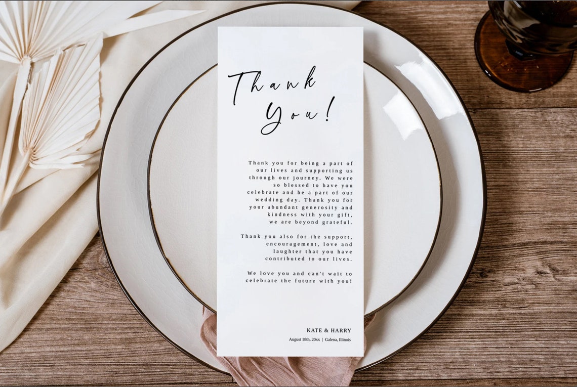MODERN MENU and Thank You Card Wedding Menu Card Napkin Note Thank You ...
