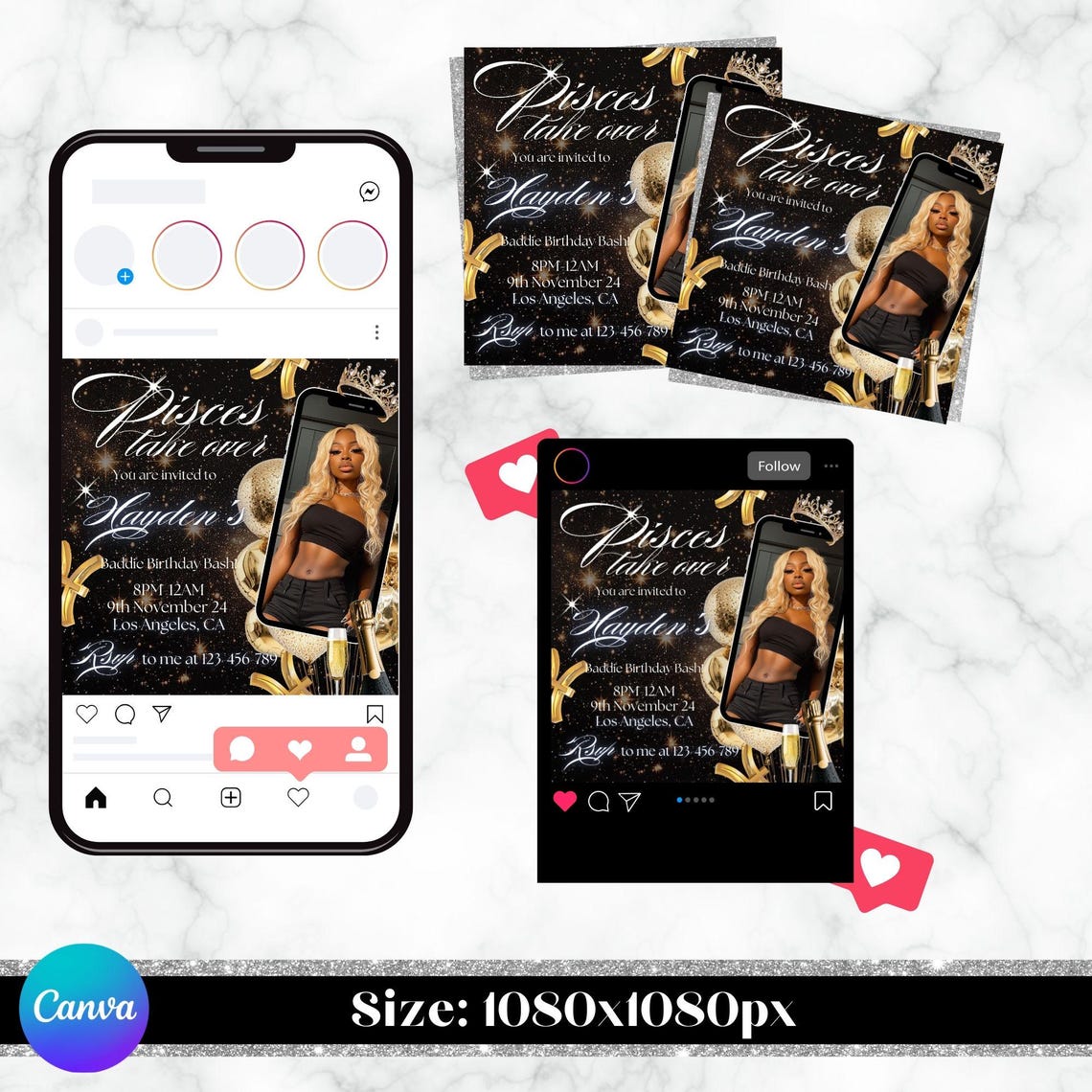 Pisces Birthday Bash Baddie Flyer | Luxe DIY Club Birthday Invite ...