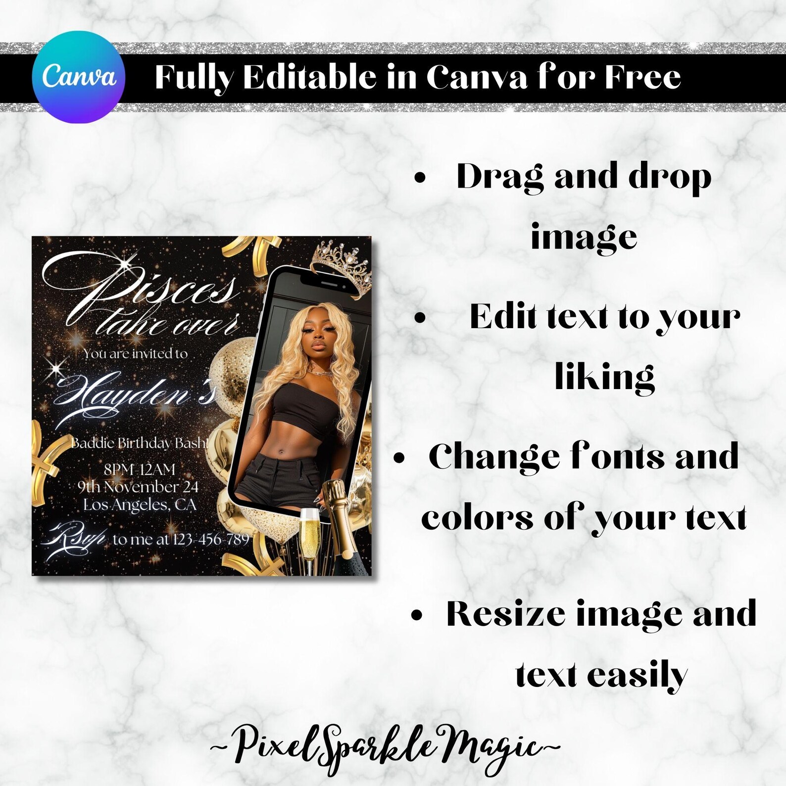 Pisces Birthday Bash Baddie Flyer | Luxe DIY Club Birthday Invite ...