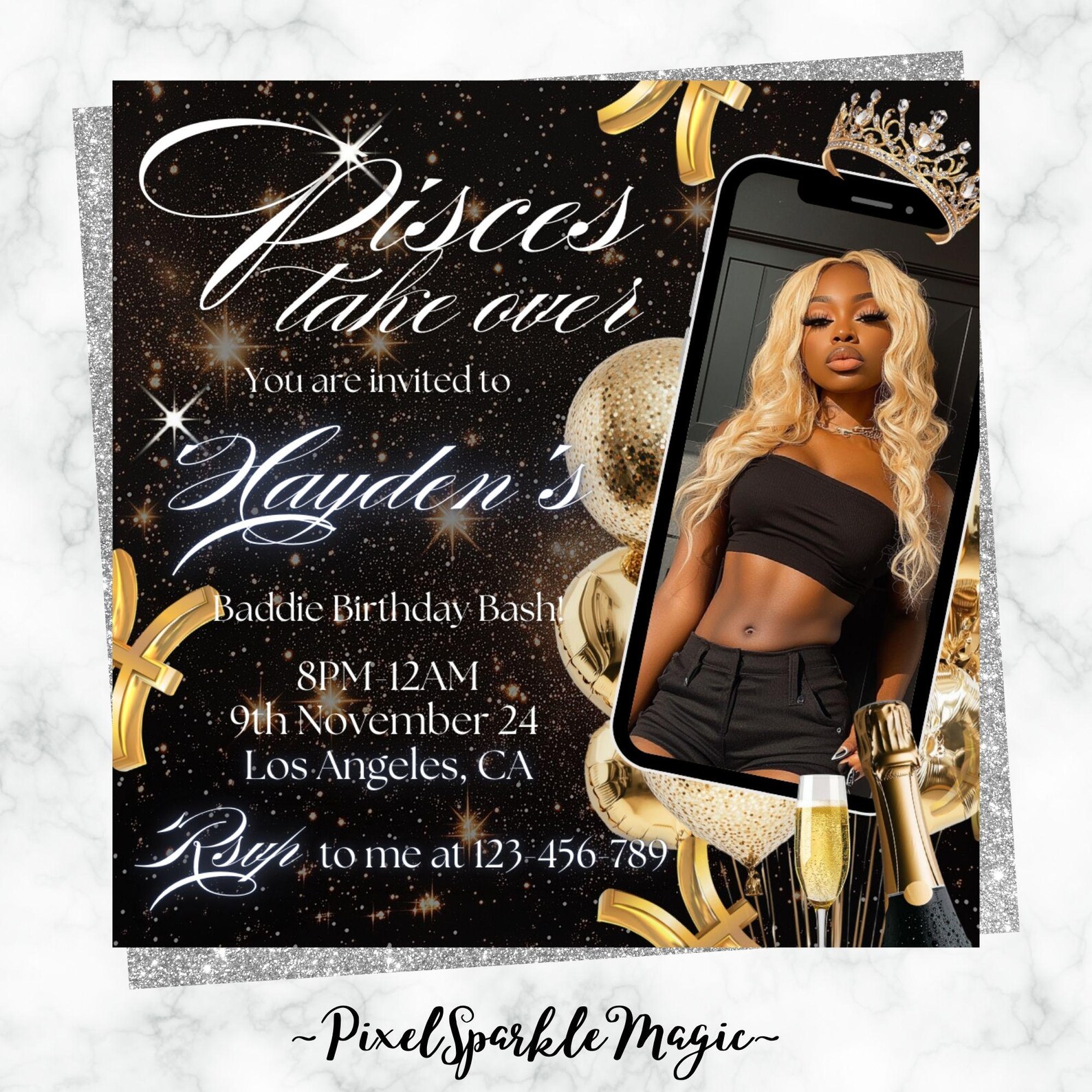 Pisces Birthday Bash Baddie Flyer | Luxe DIY Club Birthday Invite ...