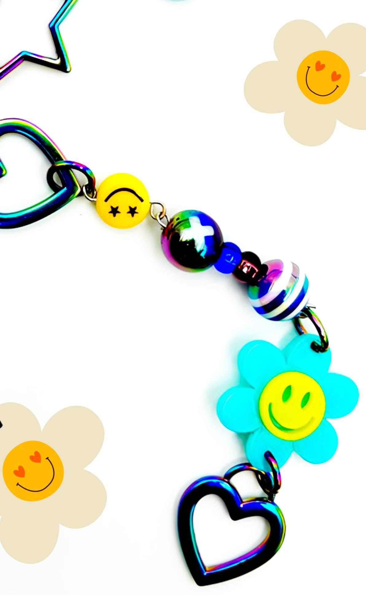 Smiley Face Resin Iridescent Rainbow Beaded Keychain. - Etsy