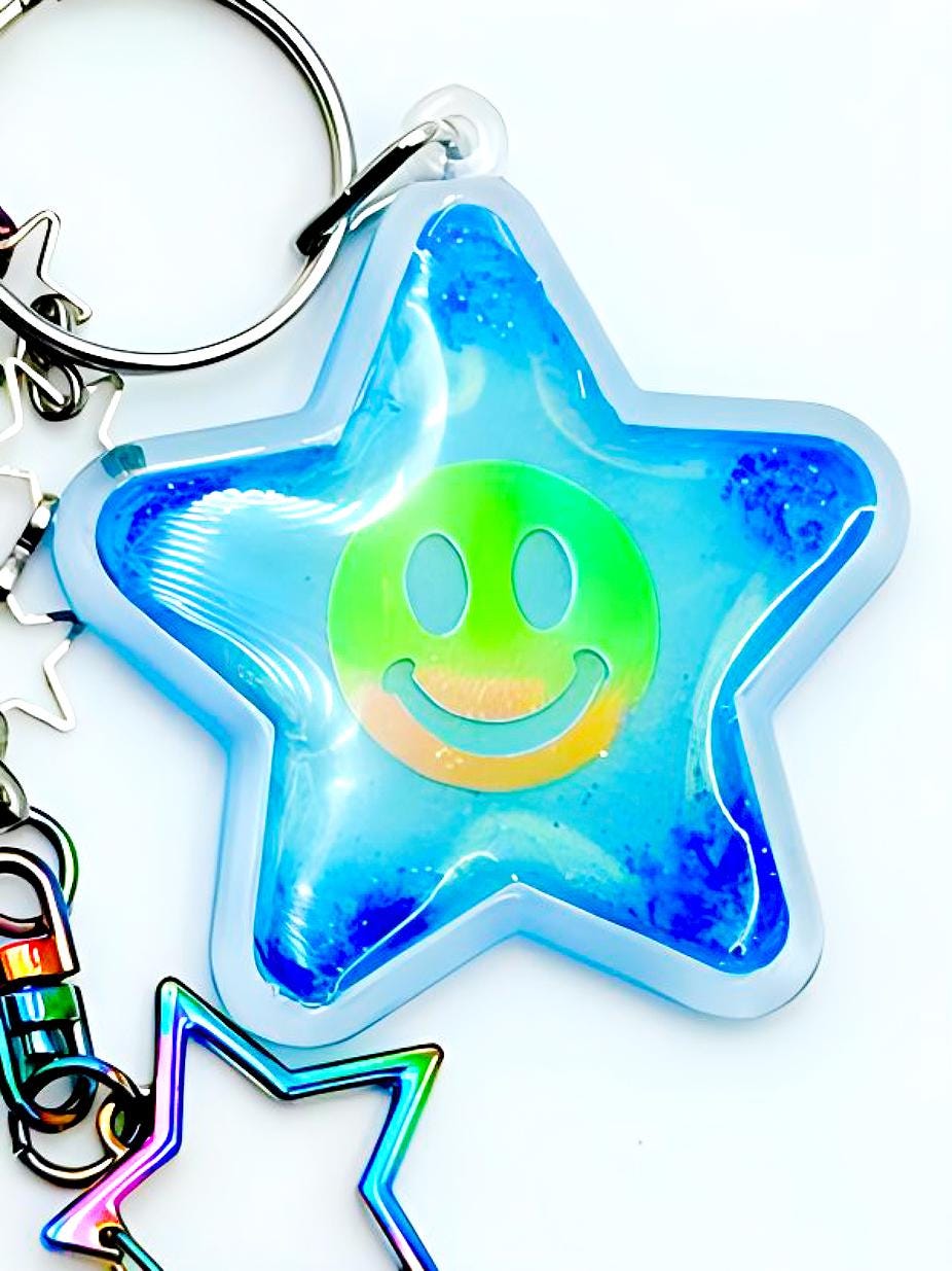 Smiley Face Resin Iridescent Rainbow Beaded Keychain. - Etsy