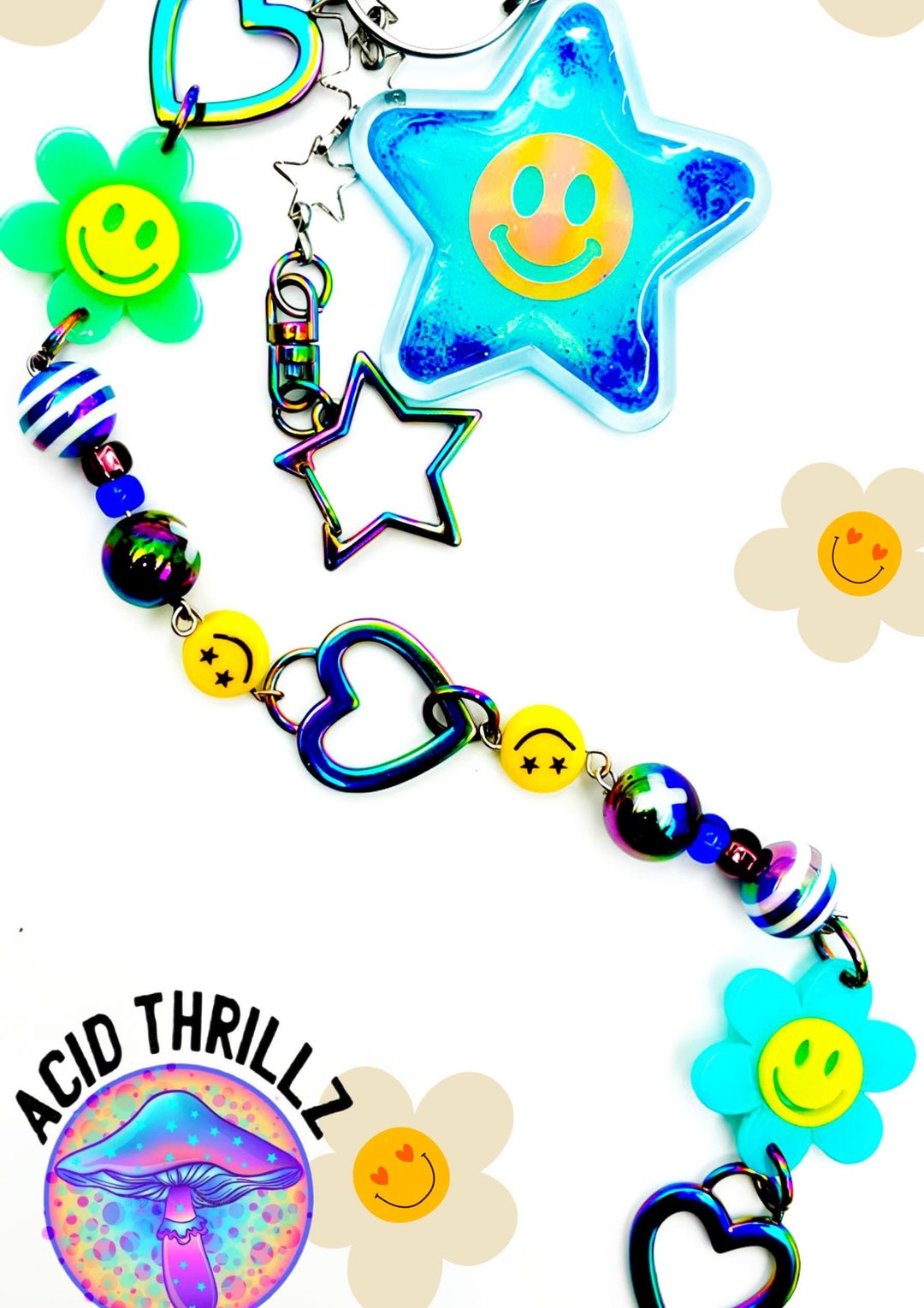 Smiley Face Resin Iridescent Rainbow Beaded Keychain. - Etsy