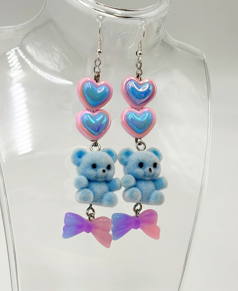 Pastel Blue Fuzzy Teddy Bear Kawaii Dangle Earrings Heart Bead and Bow Charm Jewelry - Etsy