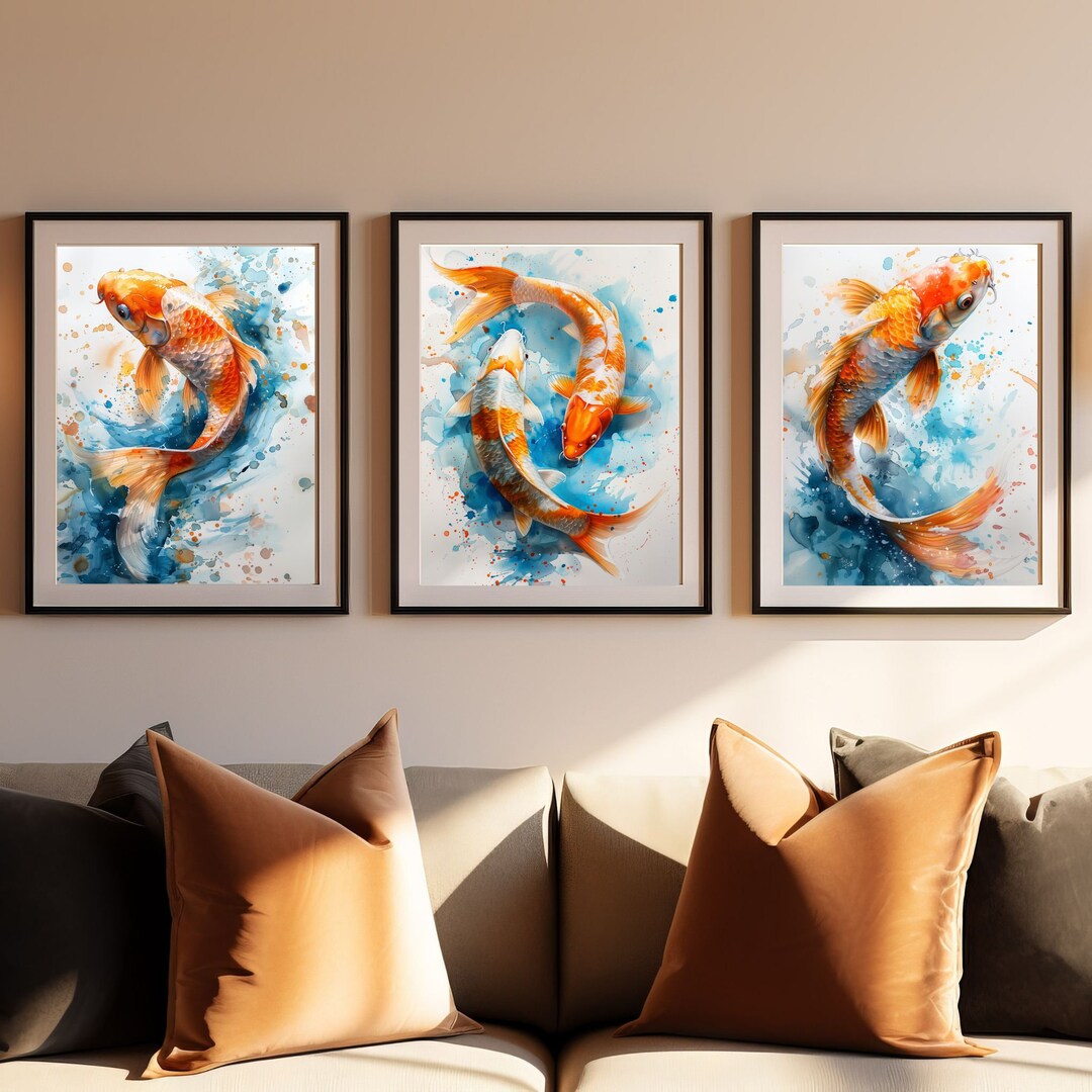 Koi Fish Wall Art 3 Sets of 3, Japanese Koi Fish Watercolor Print, Koi ...