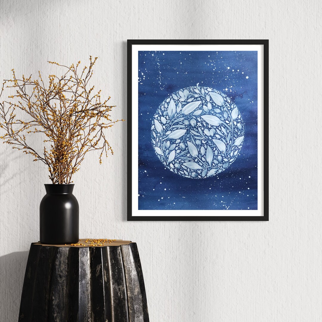 Moon Wall Art Navy Blue Original Hand-painted Botanical Moon Painting ...