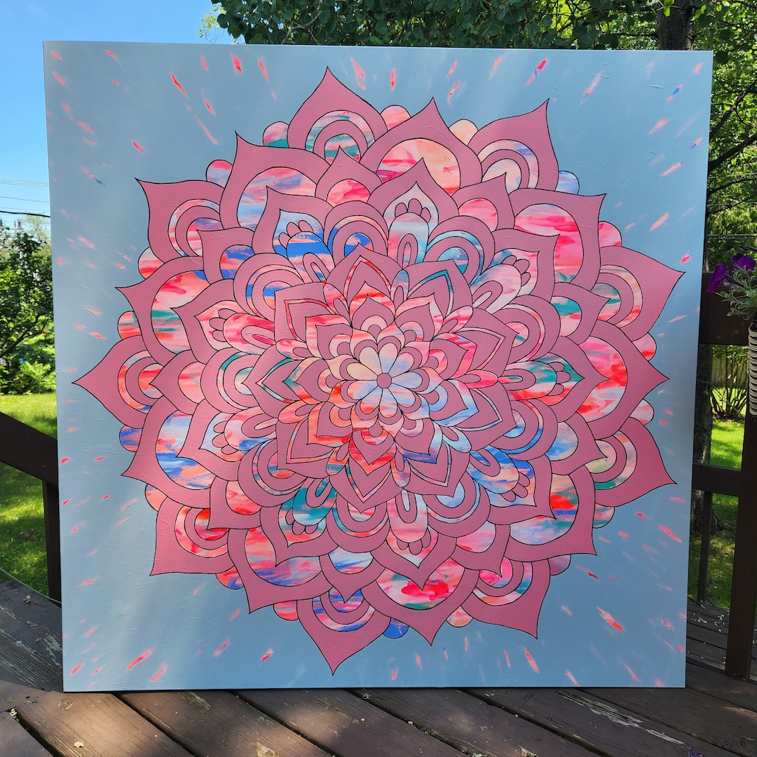 Large Mandala Wall Art 4ftx4ft, Original Mandala Painting, Pink Room ...