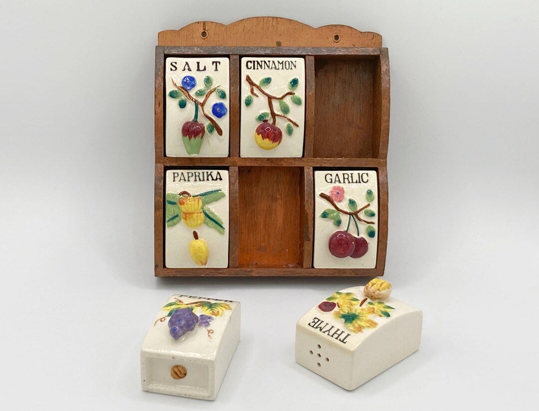 Vintage 1960s Wood Spice Rack 6 Fruit Floral Ceramic Spice - Etsy