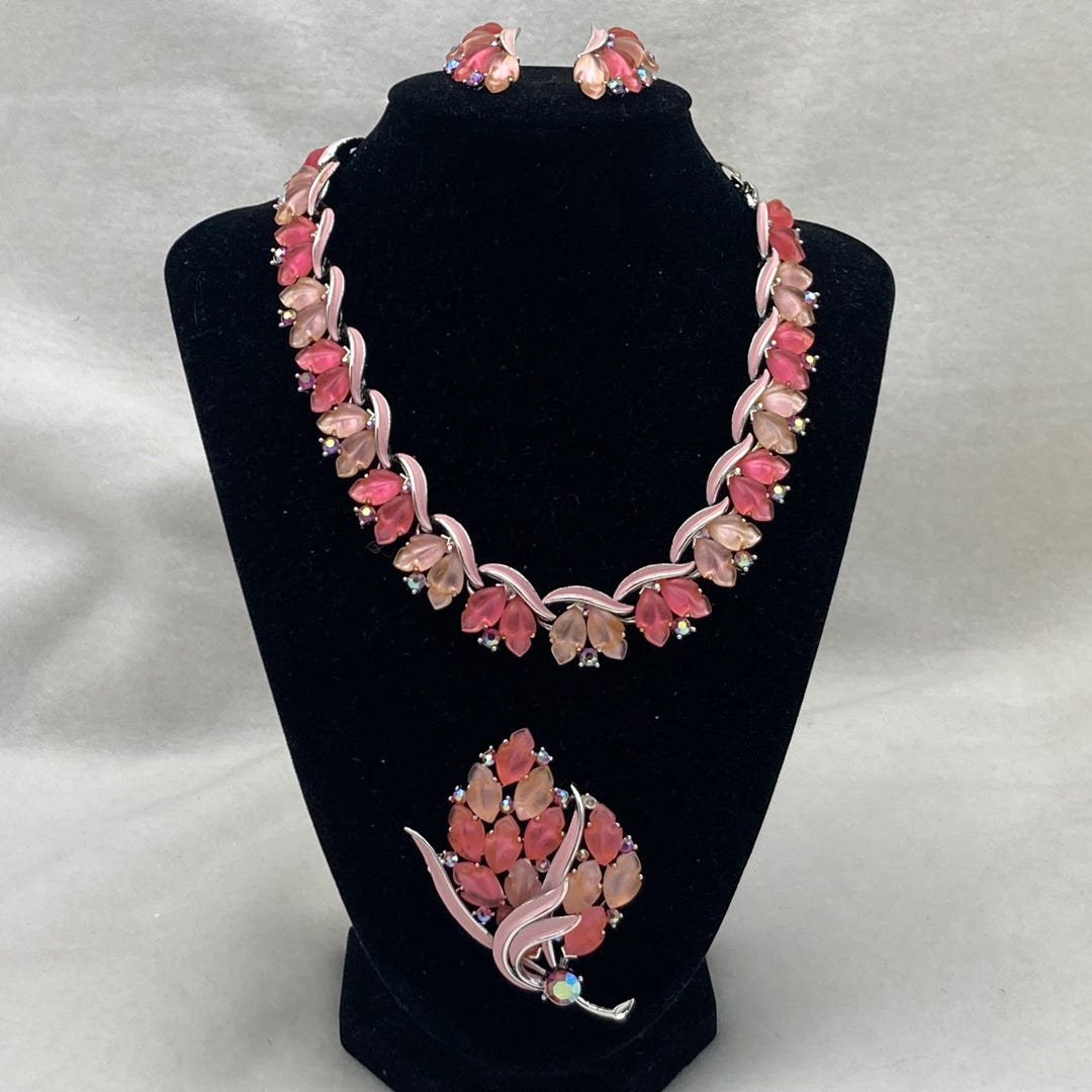Vintage LISNER Pink Lucite and Rhinestone Set Necklace Brooch Clip-on ...