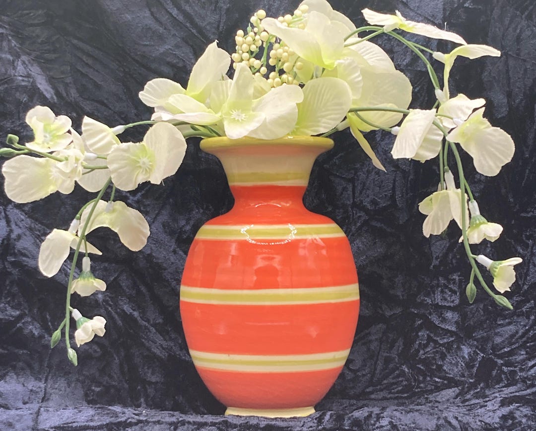 Vintage 2000 H Shadron 5.75" Pottery Vase Pretty Orange Green Stripe ...