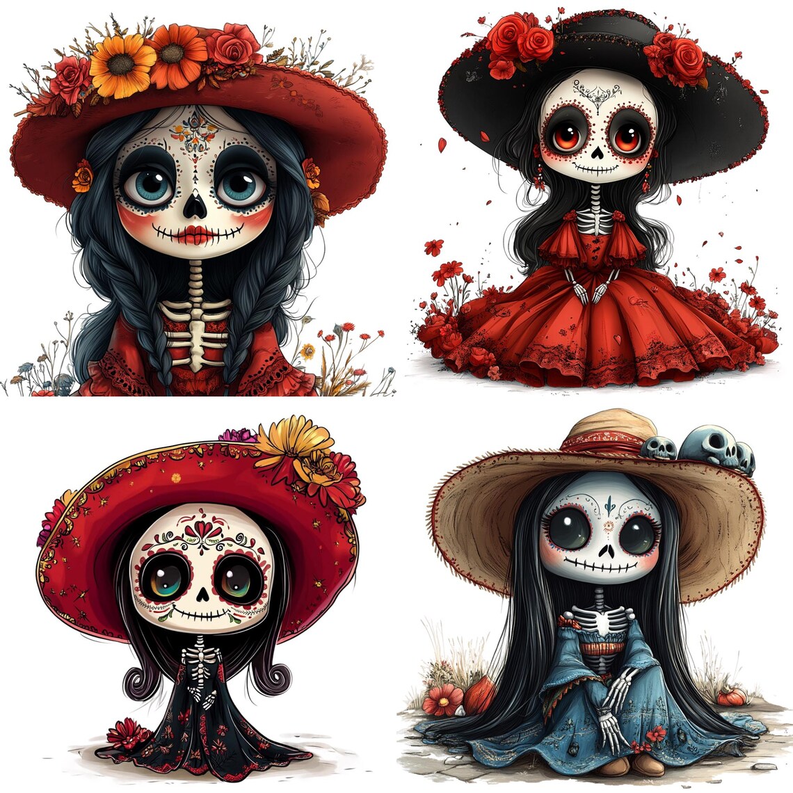 40 Chibi La Catrina PNG Clipart Bundle, illustration d'art folklorique ...