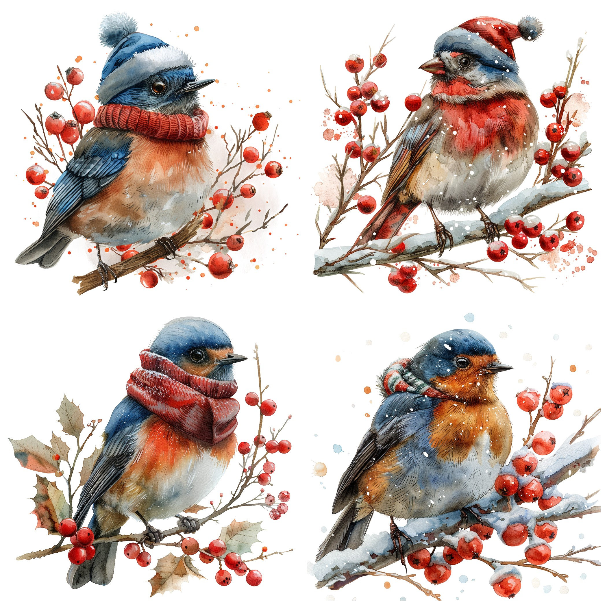 52 Christmas Bird PNG Clipart Bunlde, Watercolor Xmas Bird Transparent ...