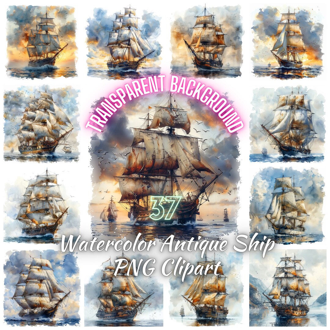 37 Watercolor Antique Ship PNG Clipart, Vintage Sailing Ship Image ...