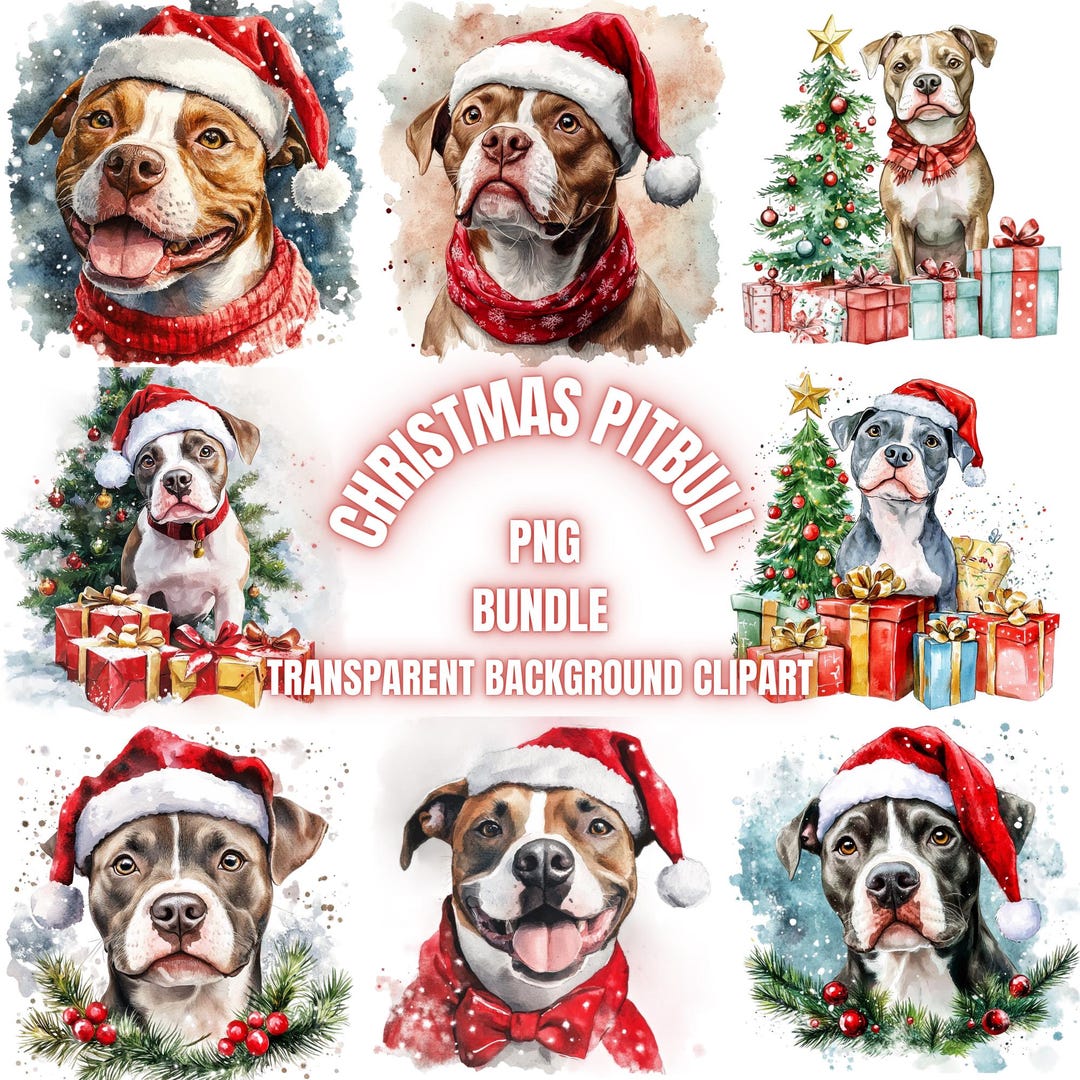 34 Christmas Pitbull Dog Breed PNG Clipart Bundle, Watercolor Xmas ...