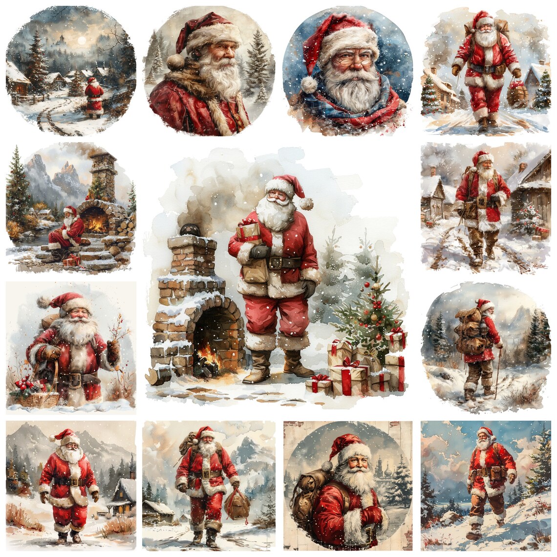 Vintage Santa Claus PNG Clipart Collection, Watercolor Retro Santa ...