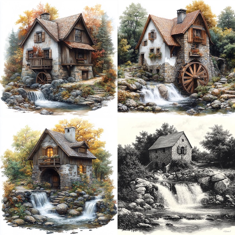 32 Rustic Watermill PNG Clip Art, Watercolor Vintage Old Mill Images ...