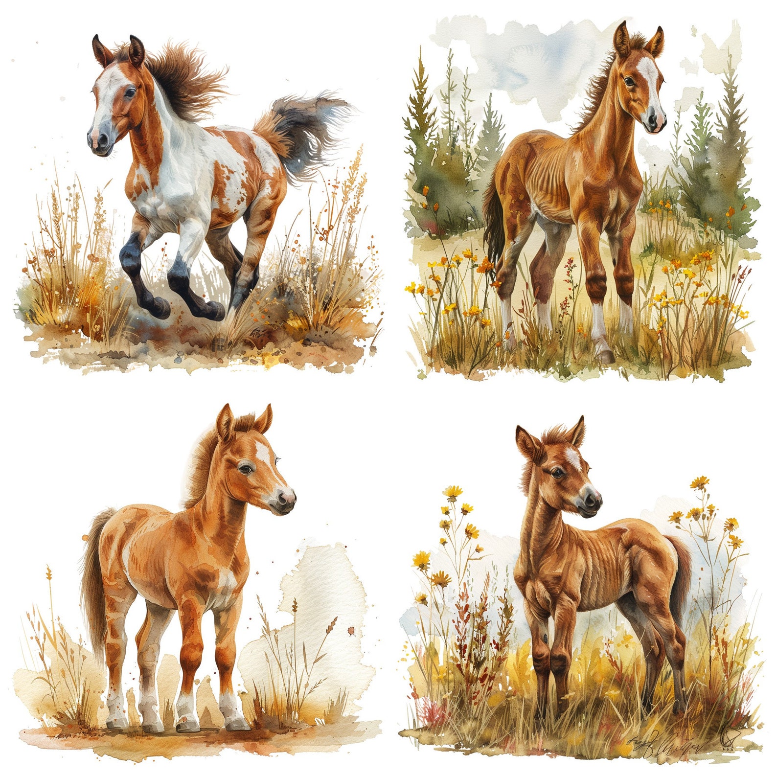 43 Foal PNG Clipart Bundle, Watercolor Foal Artwork Illustration, Young ...