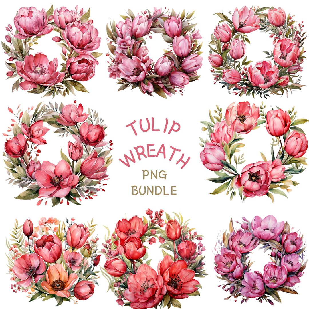 Tulip Wreath PNG Clipart Bundle, Watercolor Floral Garland Art ...