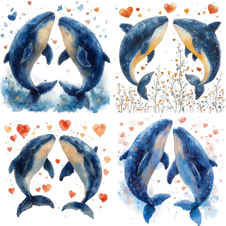 Valentine's Day Whale PNG Clipart Bundle, Watercolor Valentine's Day ...