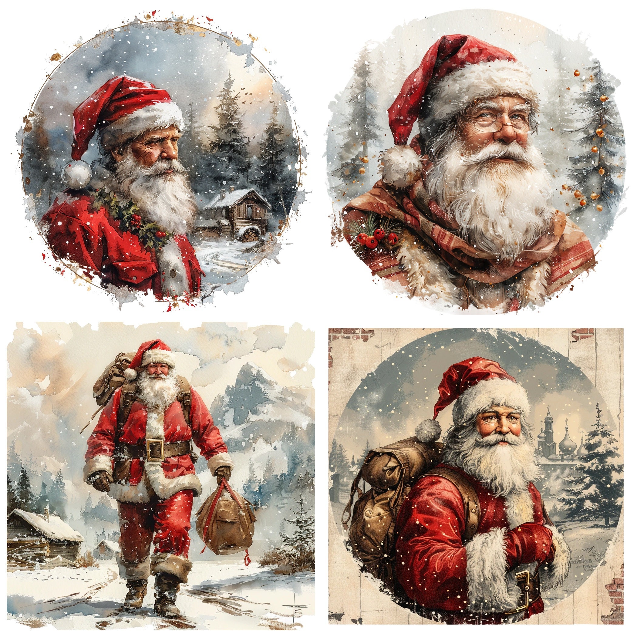 Vintage Santa Claus PNG Clipart Collection, Watercolor Retro Santa ...