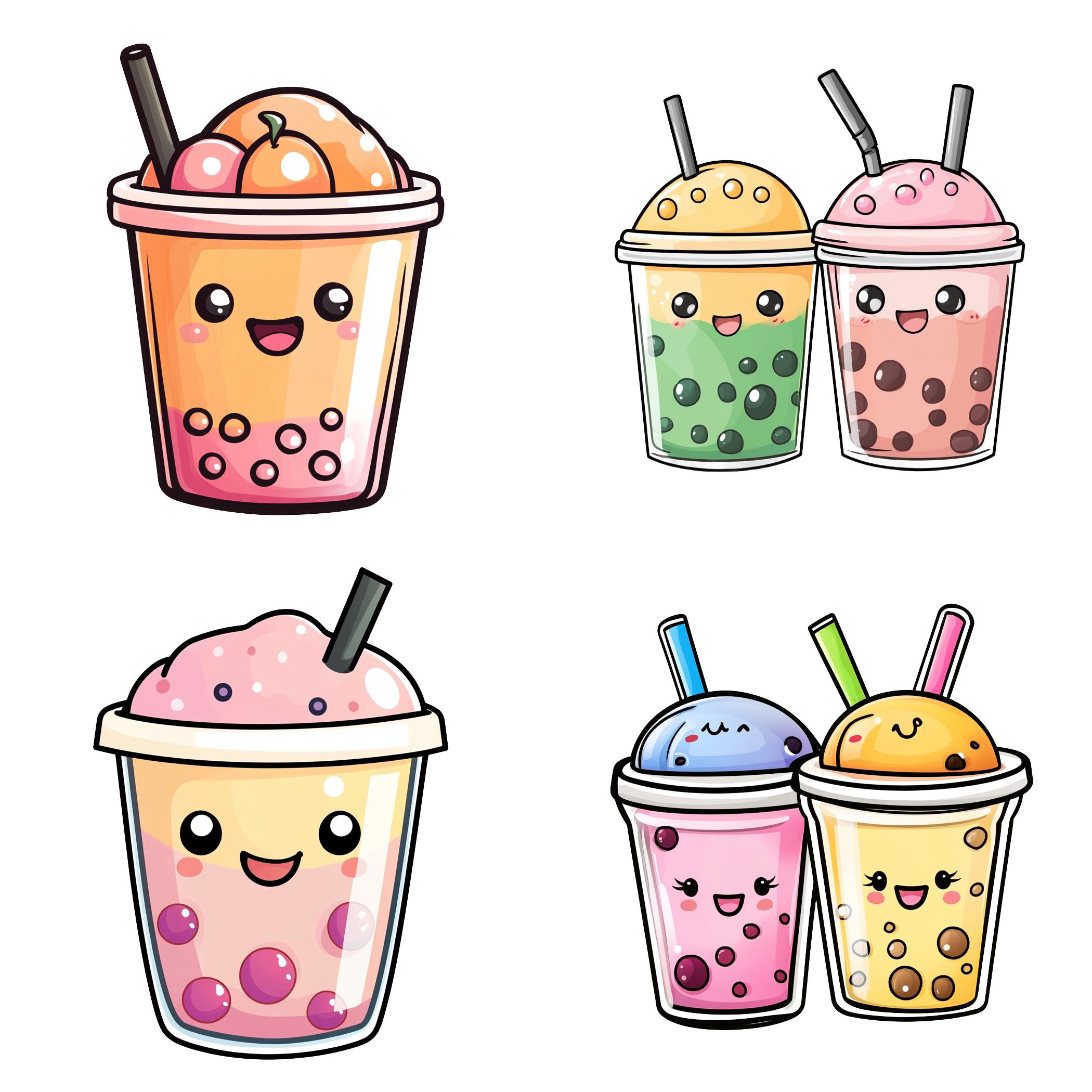 Kawaii Boba Tea PNG Clipart Bundle, Watercolor Illustration (commercial ...
