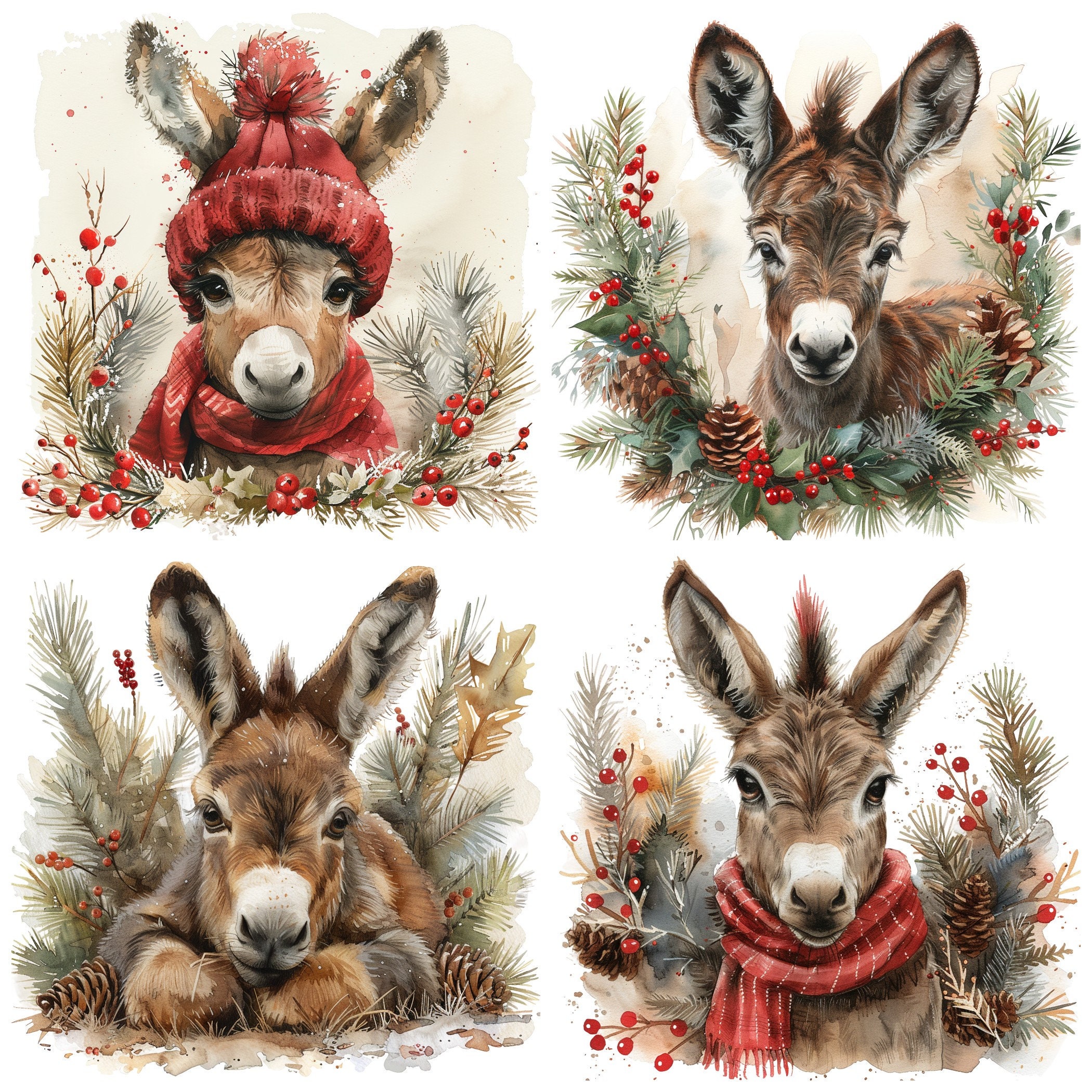 48 Christmas Donkey PNG Clipart, Watercolor Festive Donkey Transparent ...