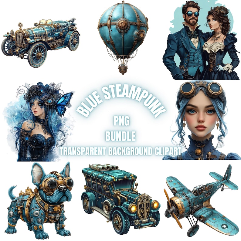 Blue Steampunk PNG Clipart Bundle, Watercolor Blue Victorian Mechanical ...