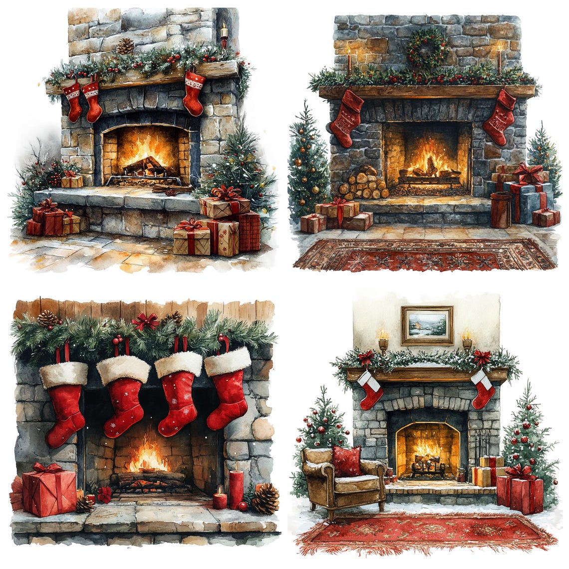 22 Fireplace and Stocking PNG Clipart Bundle, Watercolor Christmas ...