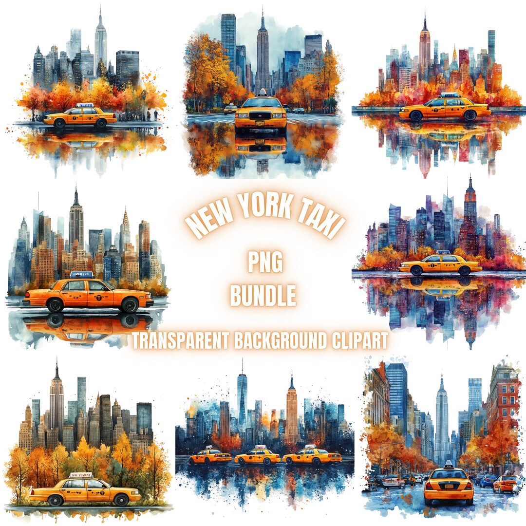 26 New York Taxi PNG Clipart Bundle, Watercolor New York Taxi Landscape ...