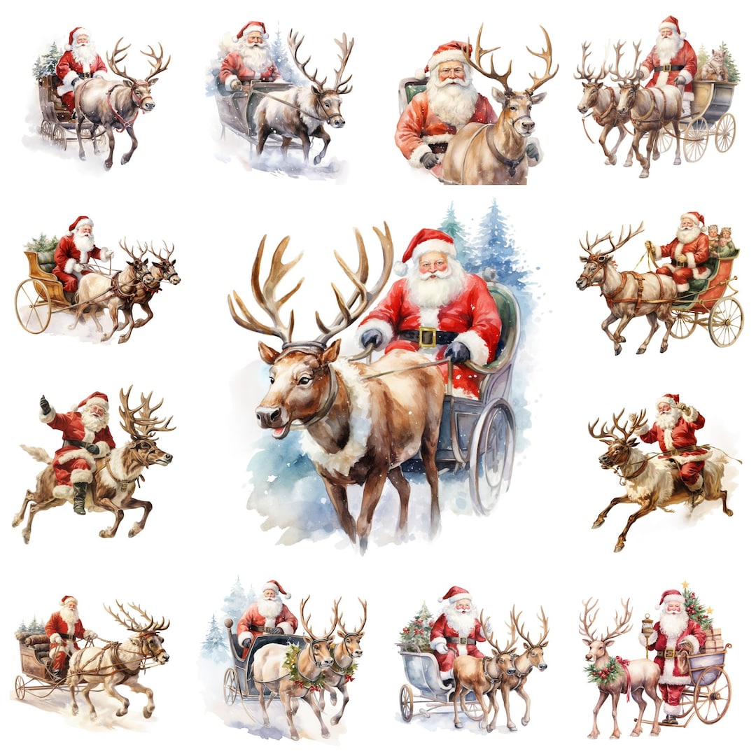 43 Santa Claus With Flying Reindeer Carrige PNG Clipart Bundle ...