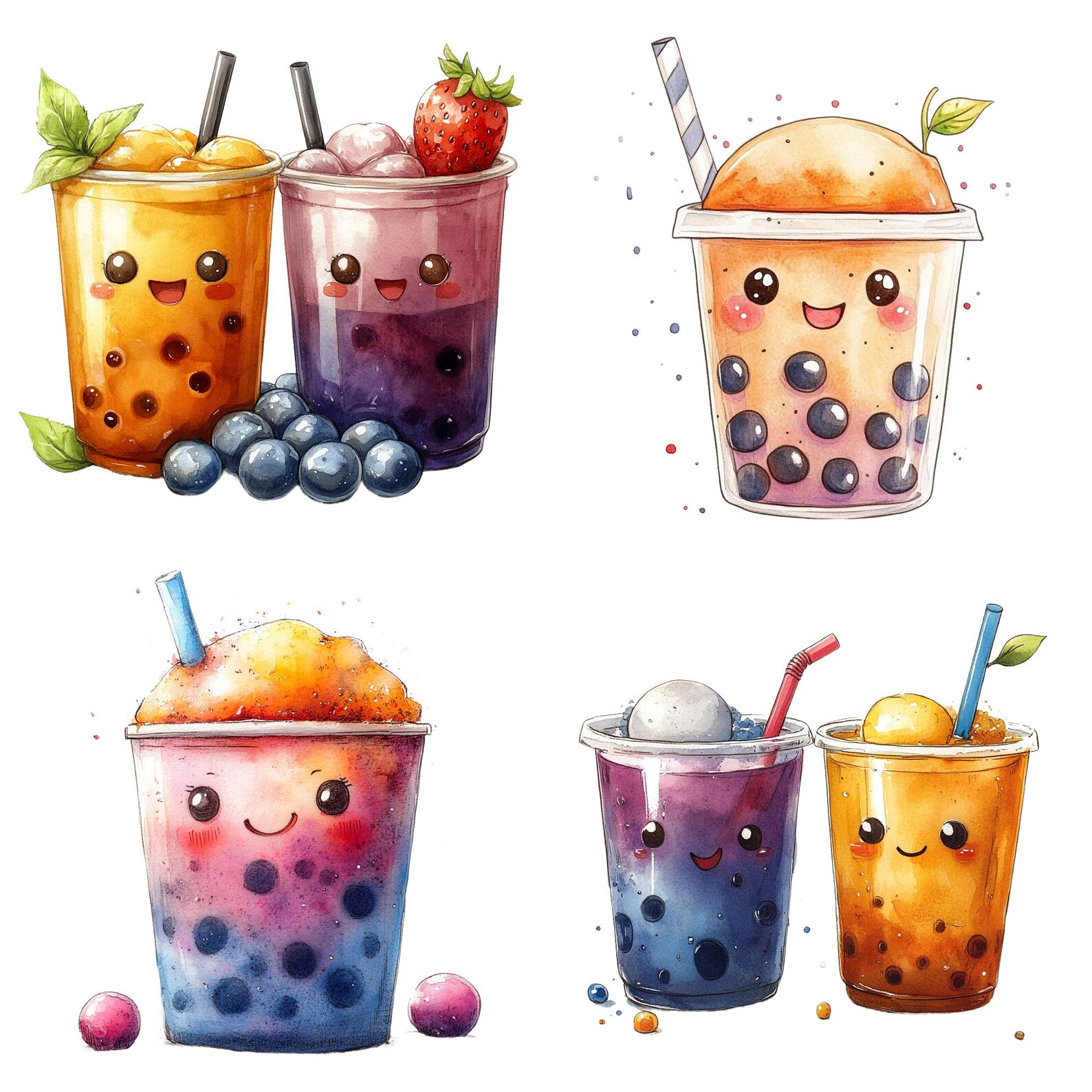 Kawaii Boba Tea PNG Clipart Bundle, Watercolor Illustration (commercial ...