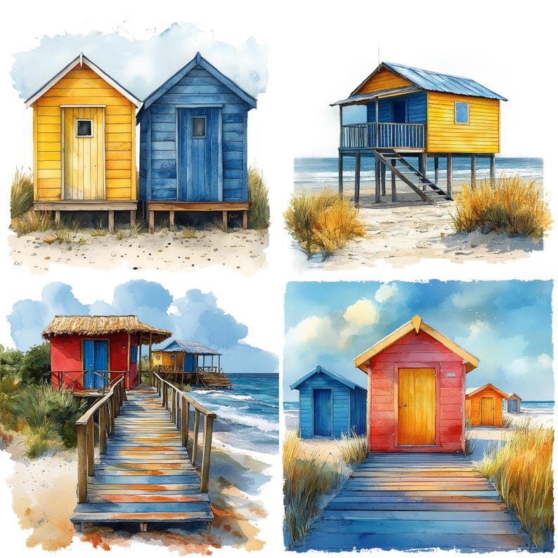 39 Beach Hut PNG Clipart Bundle, Watercolor Coastal Beach Hut ...