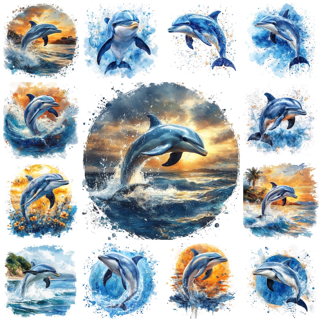 29 Watercolor Dolphin PNG Clipart Bundle, Nautical Dolphin Scenery ...