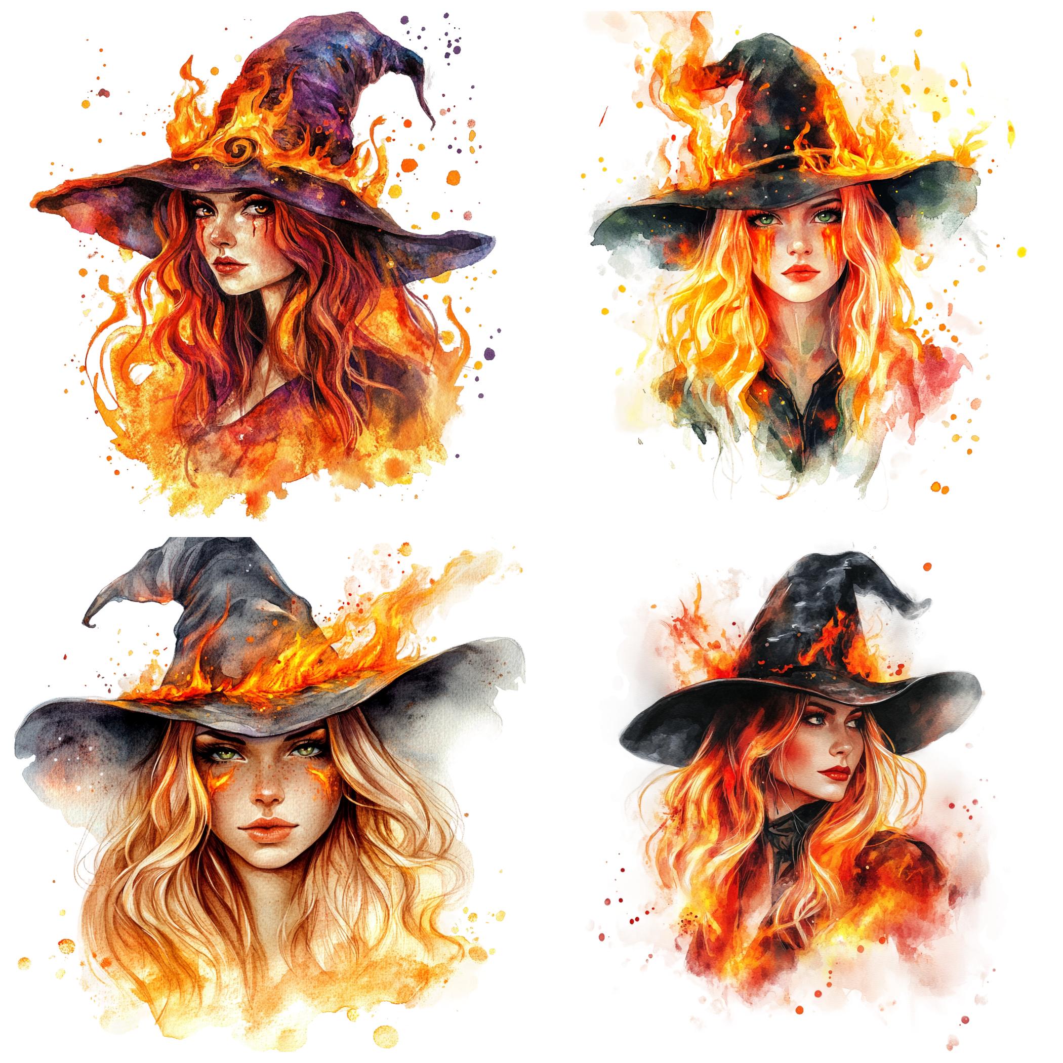 44 Fire Witch Clipart PNG Bundle, Watercolor Flaming Witchcraft ...