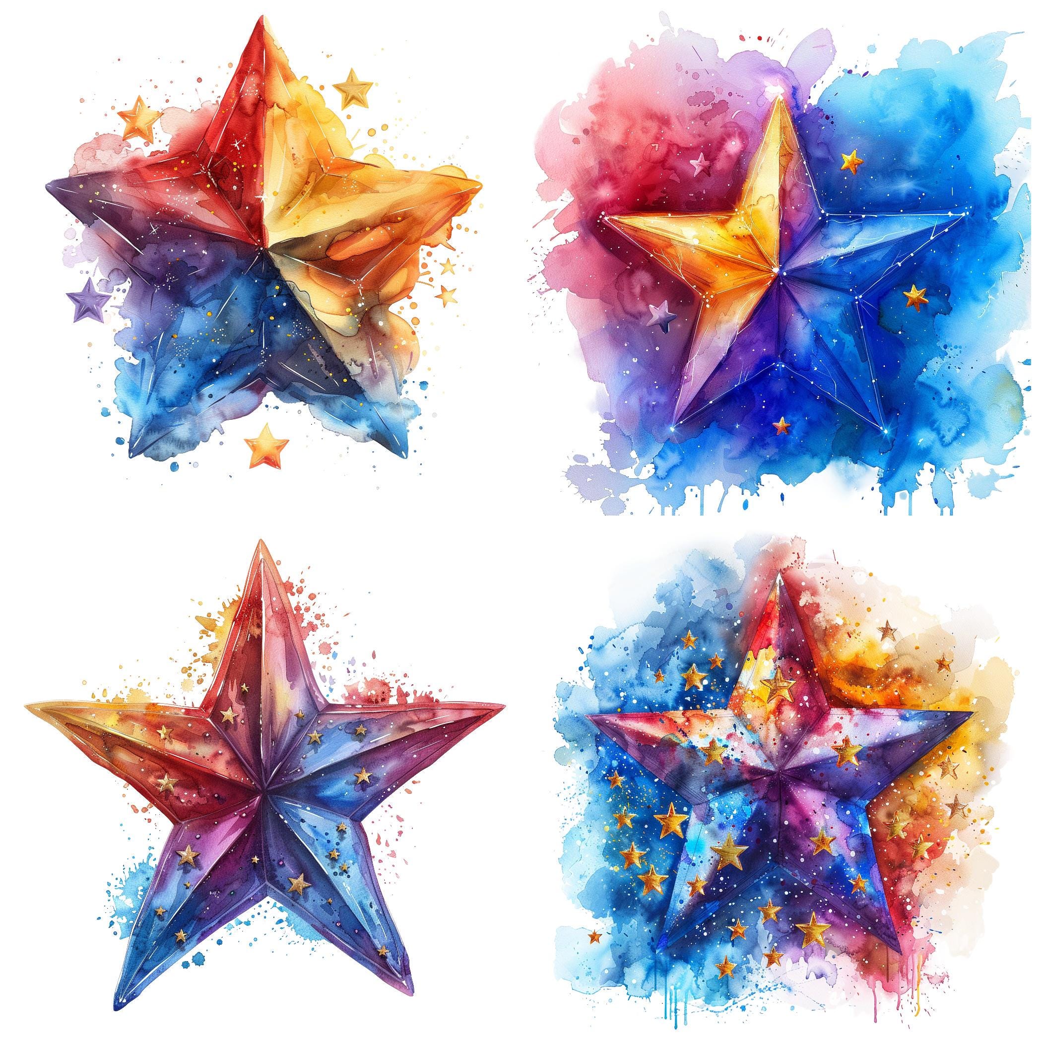 37 Colorful Star PNG Clipart Bundle, Watercolor Star Transparent ...
