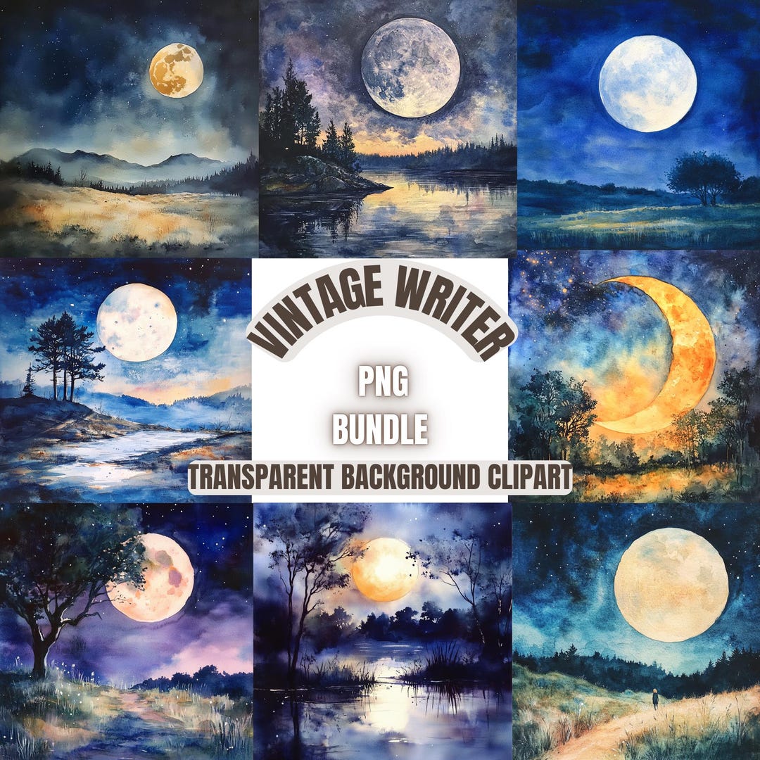 Beautiful Big Moon Landscape PNG Clipart Bundle, Watercolor Mystical ...